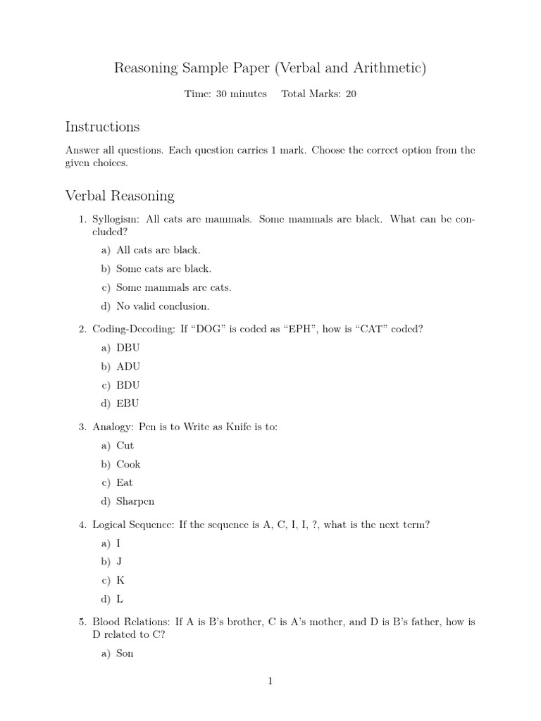Verbal and Arithmetic Reasoning Test | PDF