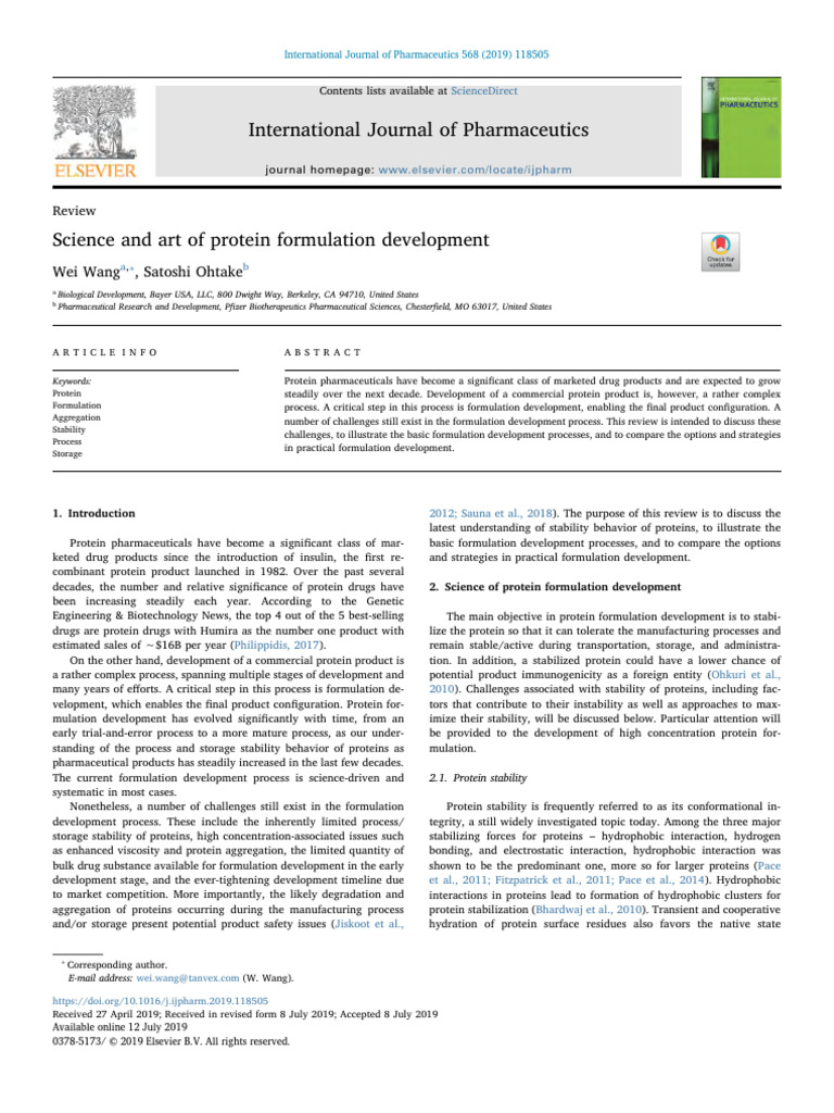 Science and Art of Protein Formulation Development. International Journal of Pharmaceutics, 2019 ...