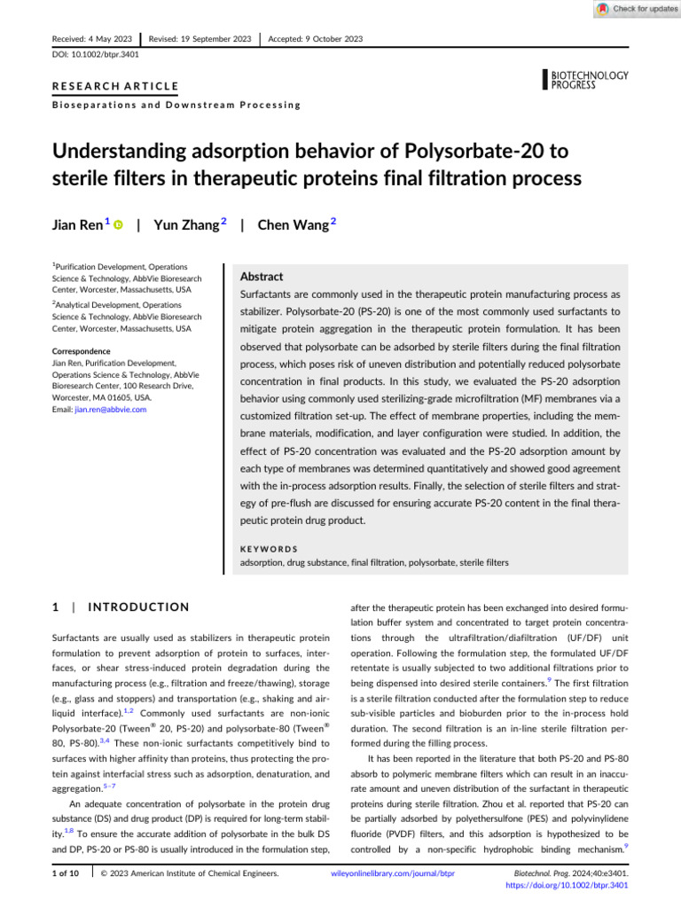 Understanding Adsorption Behavior of Polysorbate-20 To Sterile Filters ...