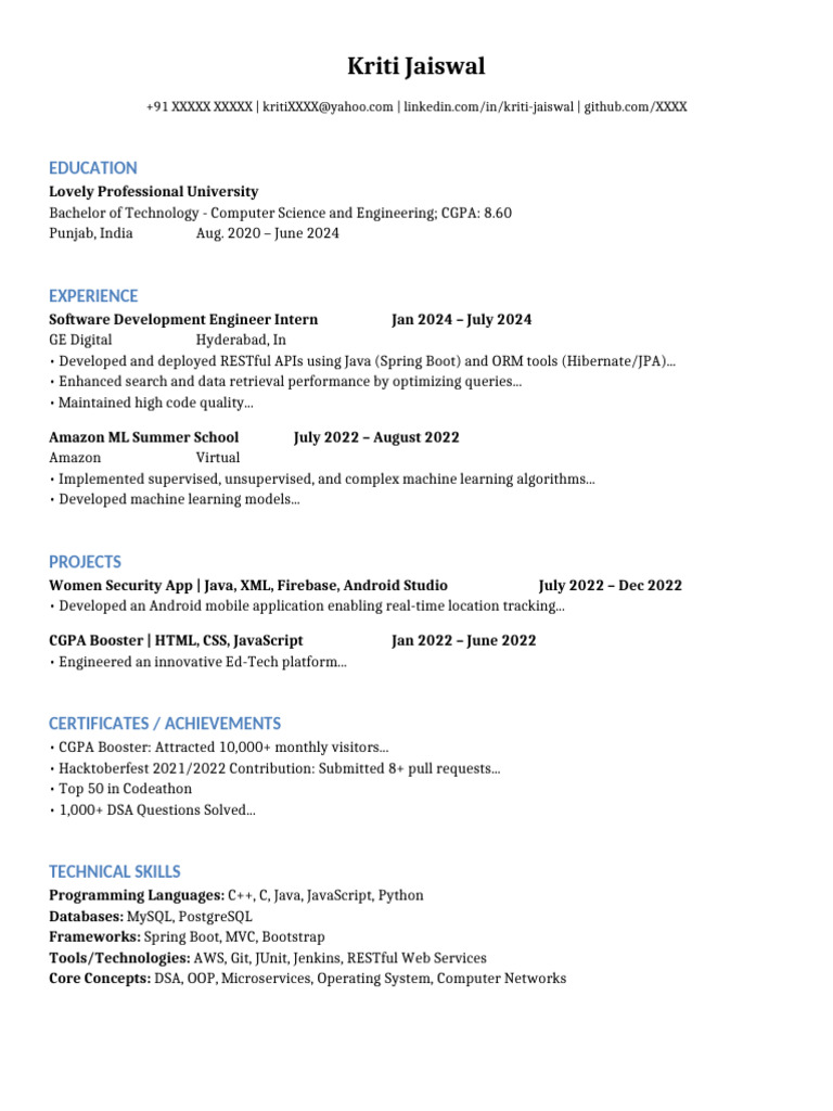 Kriti Jaiswal Resume Format | PDF