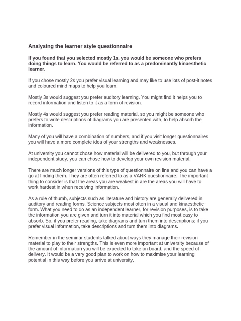 Analysing The Learner Style Questionnaire To Summary | PDF | Abiogenesis