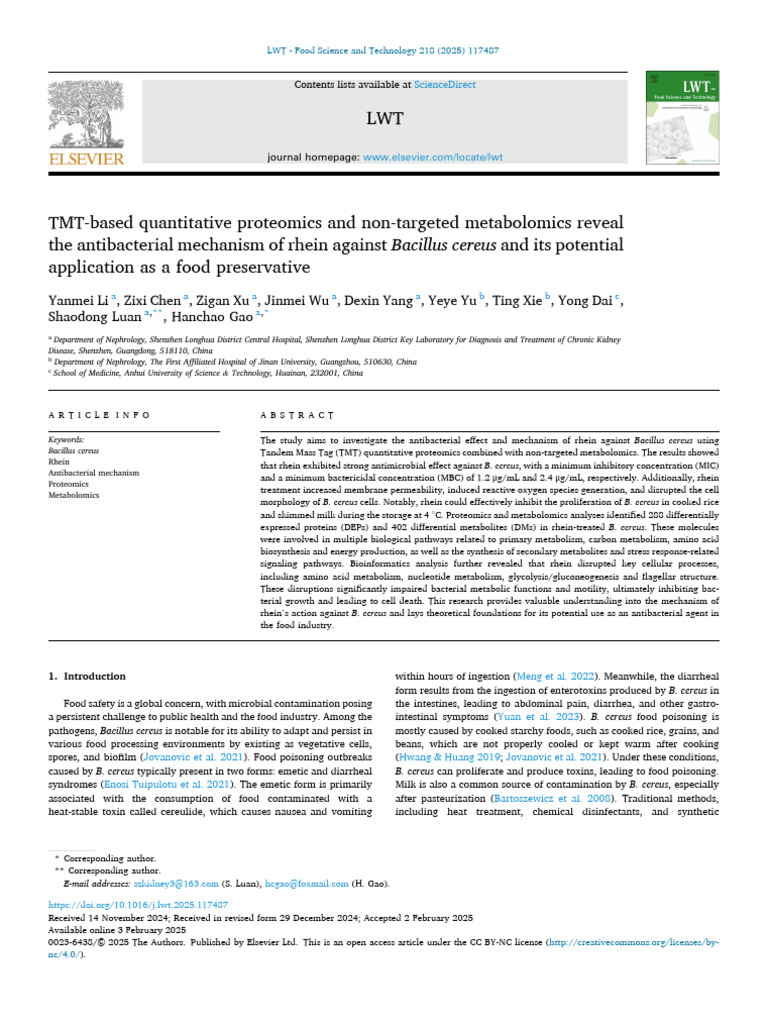 TMT-based Quantitative Proteomics and Non-Targeted Metabolomics Reveal The Antibacterial ...