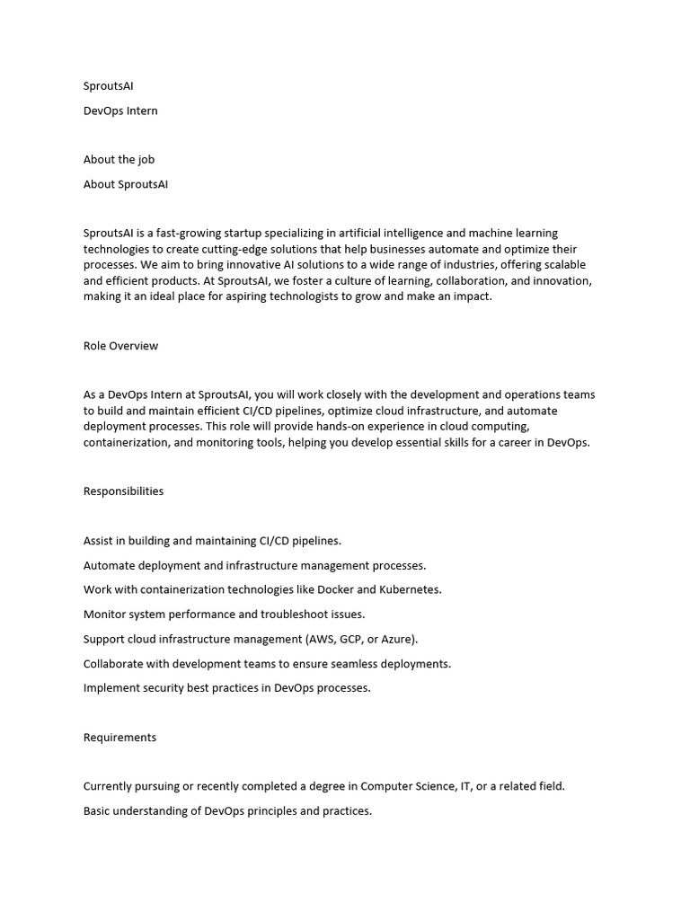 Sprouts AI Devops Intern JD | PDF | Cloud Computing | Artificial Intelligence