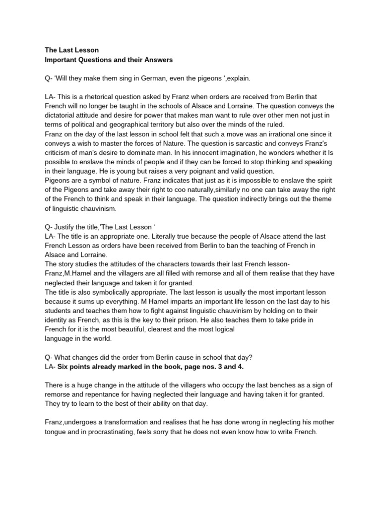 The Last Lesson - Long Answers | PDF | Question