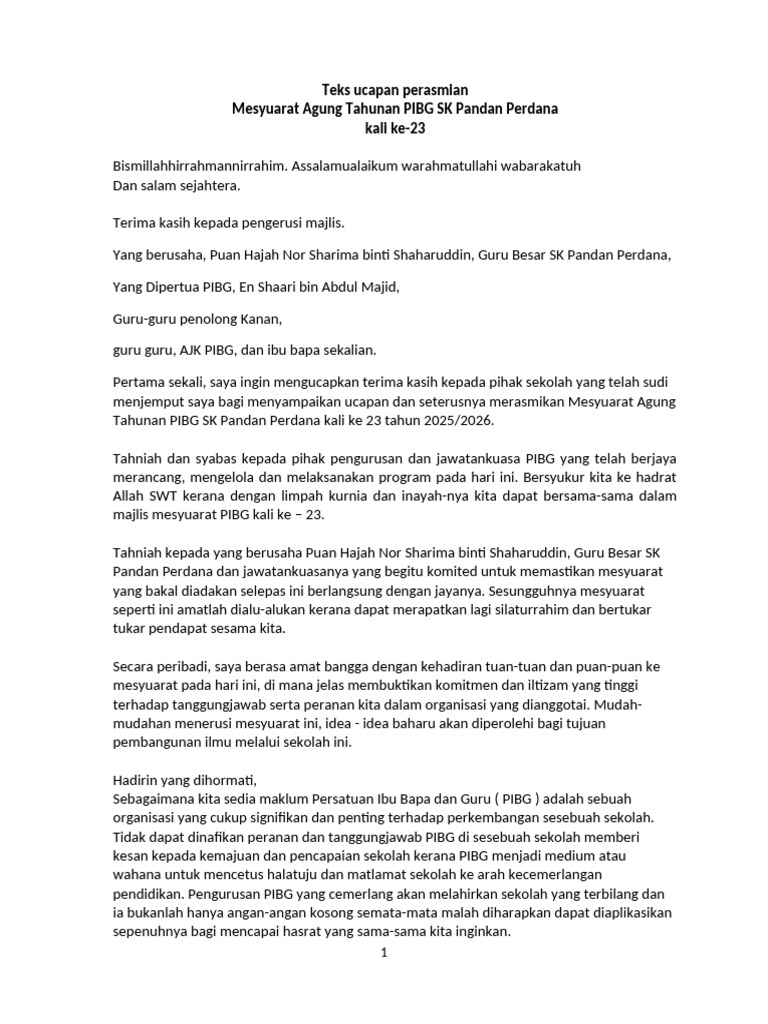 Teks Ucapan Perasmi PIBG | PDF