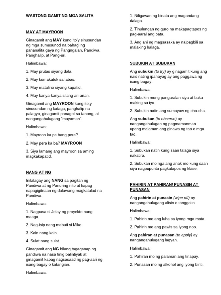 Wastong Gamit NG Mga Salita Handout | PDF