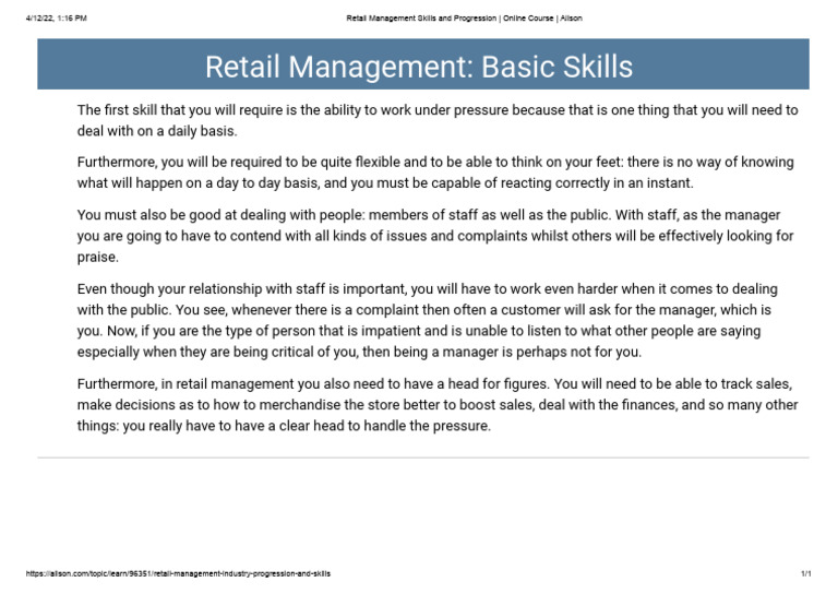 Retail Management Skills and Progression - 1 | PDF