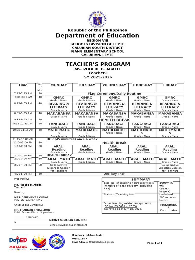 Grade 1.teachers Program New Template Qms Phoebe B. Aballe 1 | PDF