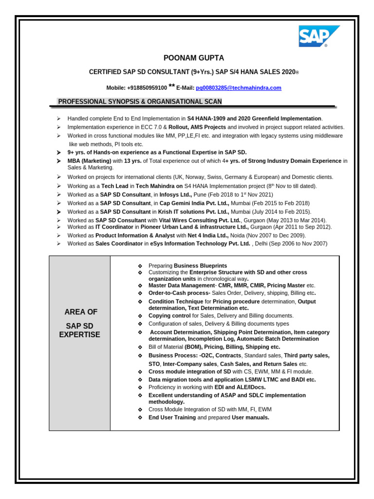 Resume Sap SD Poonam Gupta | PDF | Invoice | Business Process