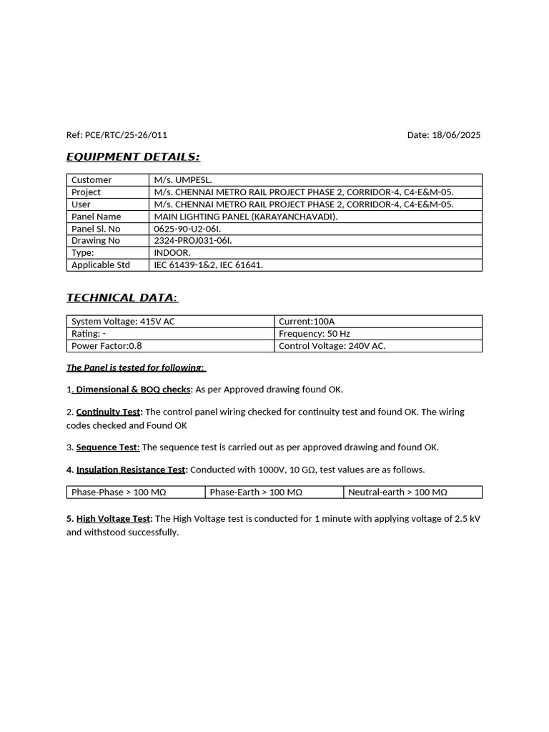 Equipment Details:: The Panel Is Tested For Following | PDF