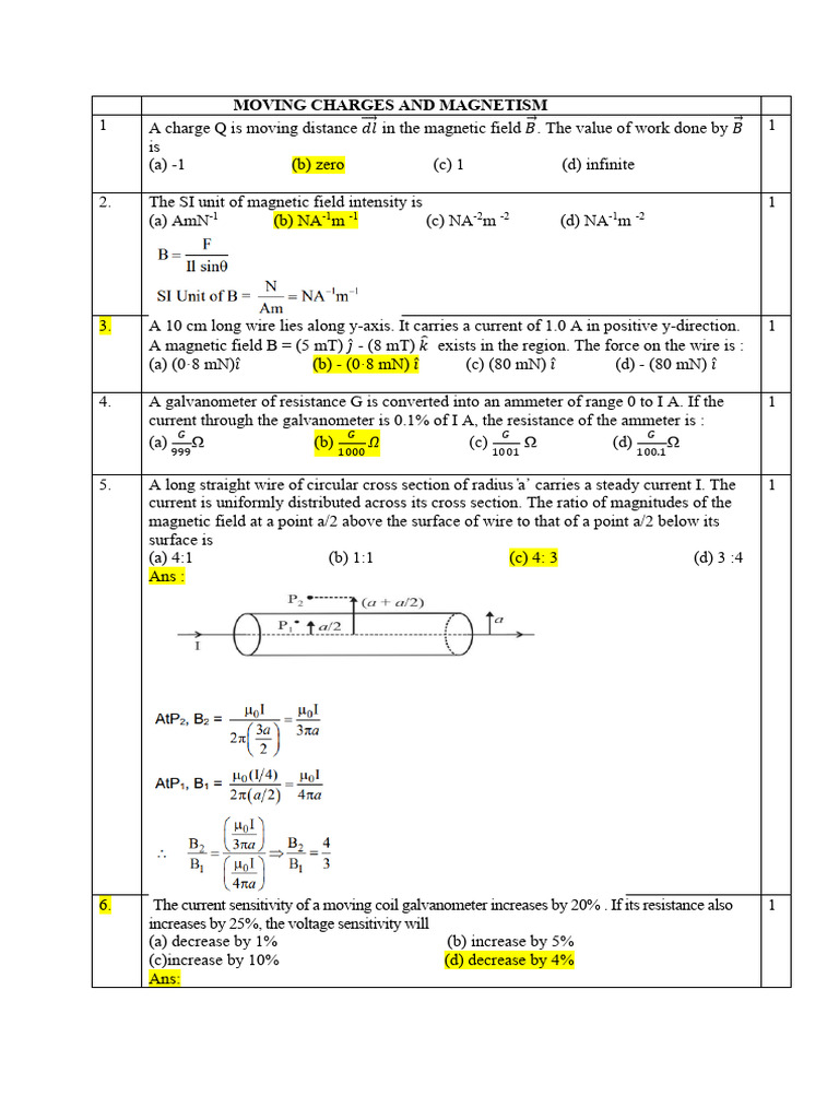 12th QB - Moving Charges & Magnetism Ans (25 - 26) | PDF | Magnetic ...