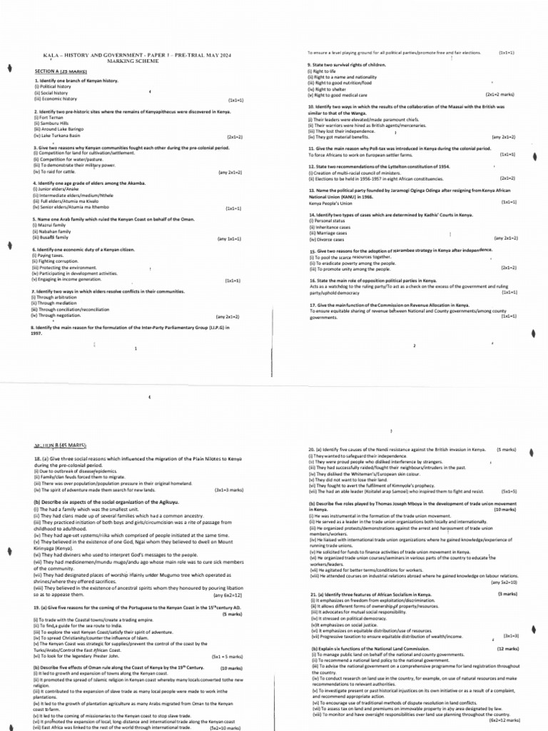 History and Government Paper 1 Ms | PDF | Kenya | Government