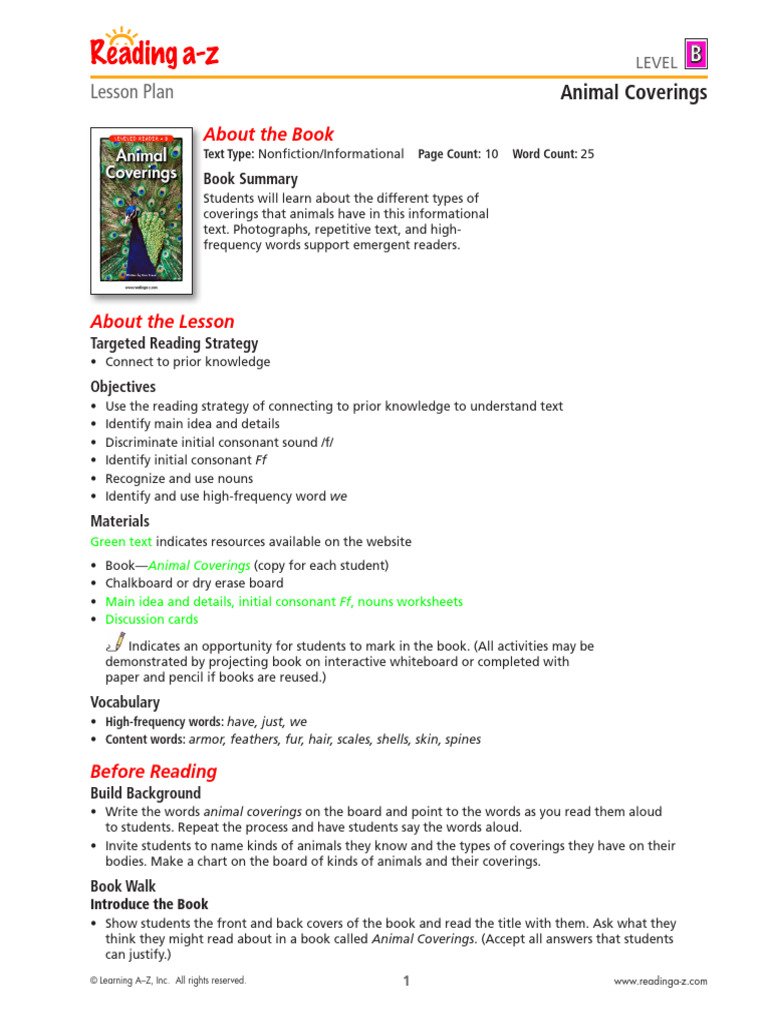 Animal Coverings Lesson Plan BB | PDF | Reading Comprehension | Human ...