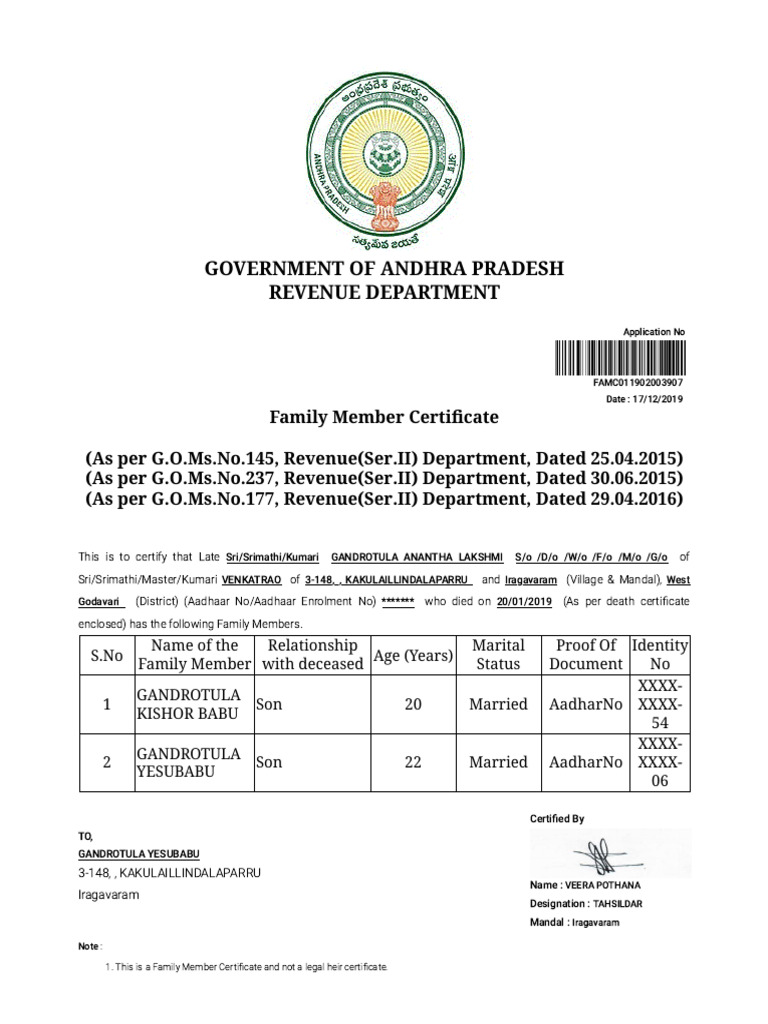 Family Member Certificate - Andhra Pradesh | PDF | Government | Legal ...