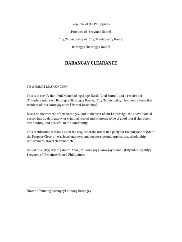 Barangay Clearance Certificate Sample | PDF