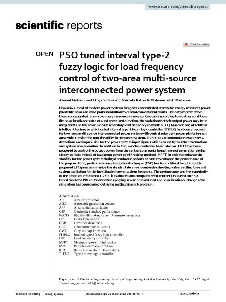 PSO Tuned Interval Type-2 Fuzzy Logic For Load Frequency Control of Two-Area Multi-Source ...