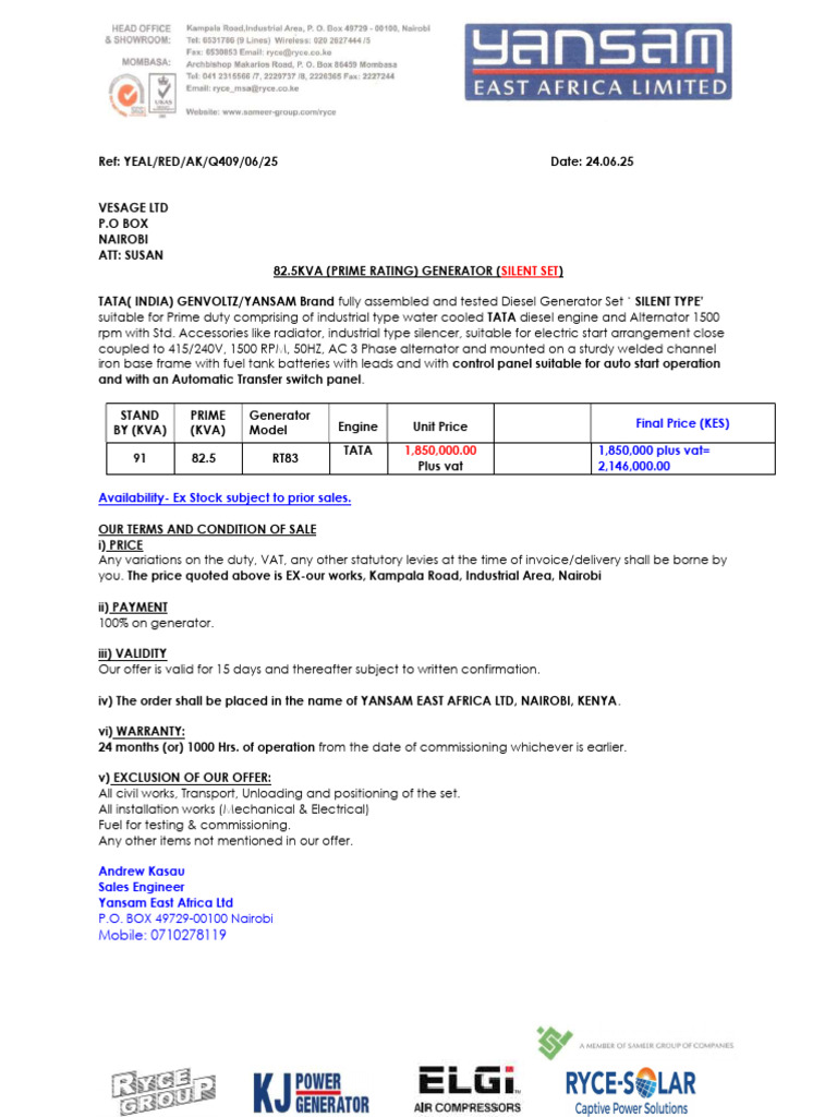 Vesage Ltd-83kva Genset Quote - Revised | PDF