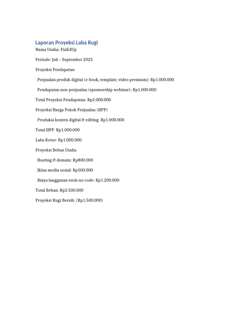 Proyeksi Laba Rugi Dan Arus Kas FinEdUp | PDF