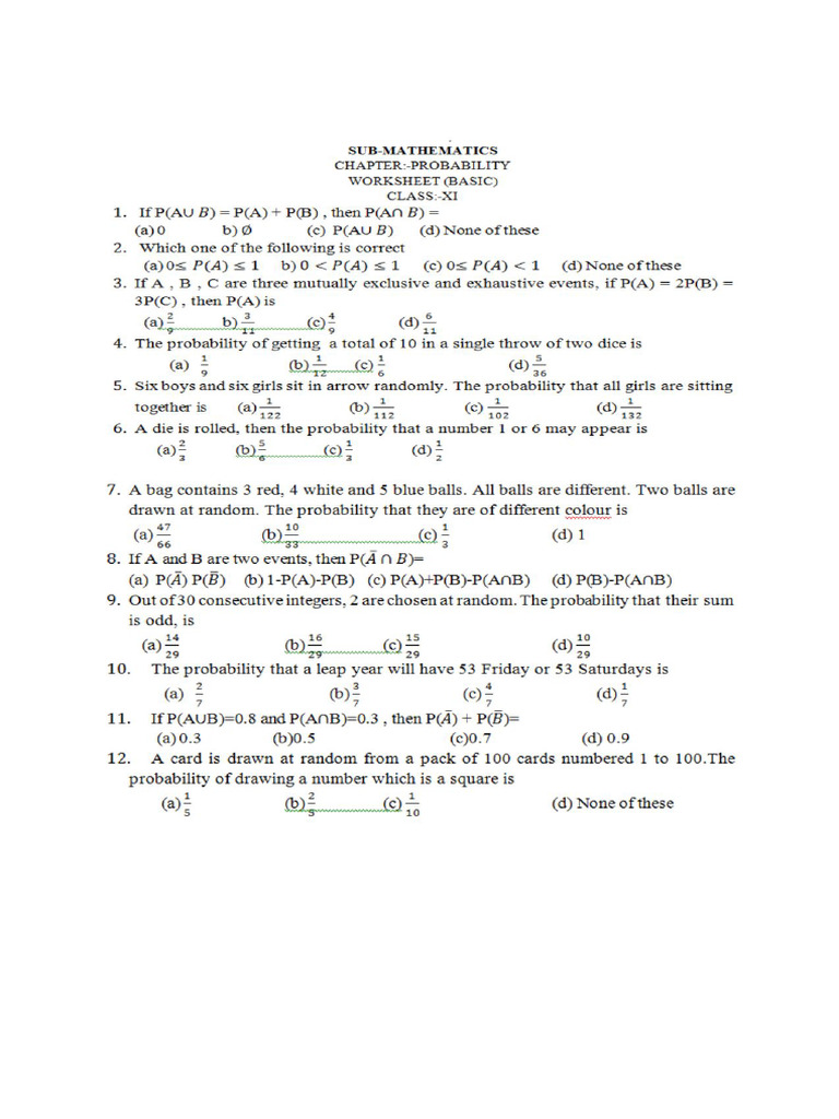 Ws Class Xi Probability (Basic) | PDF