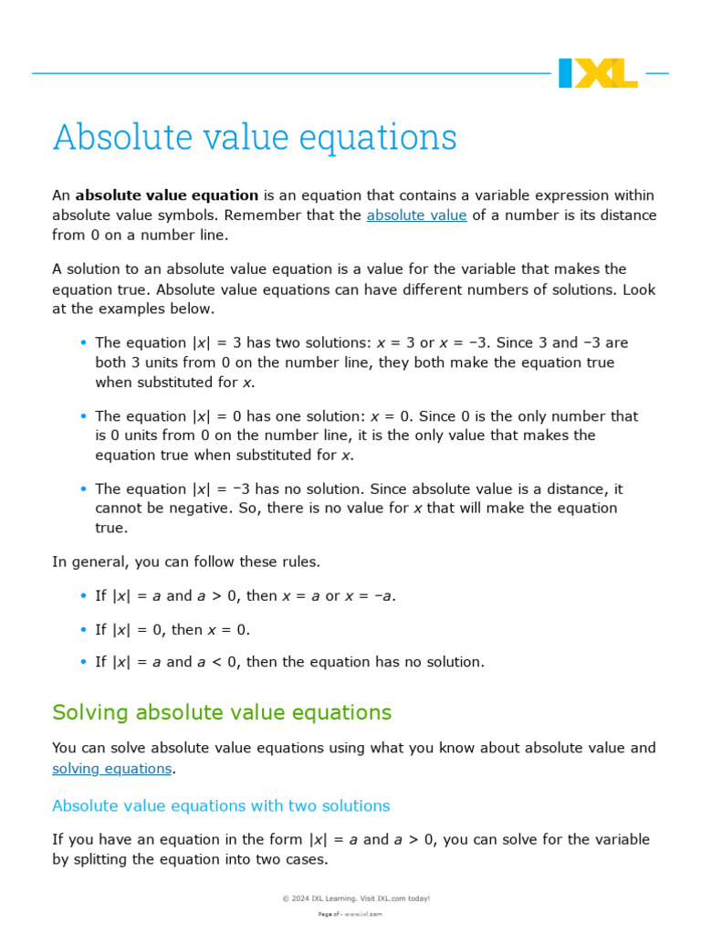 Absolute Value Equations | PDF | Equations | Numbers