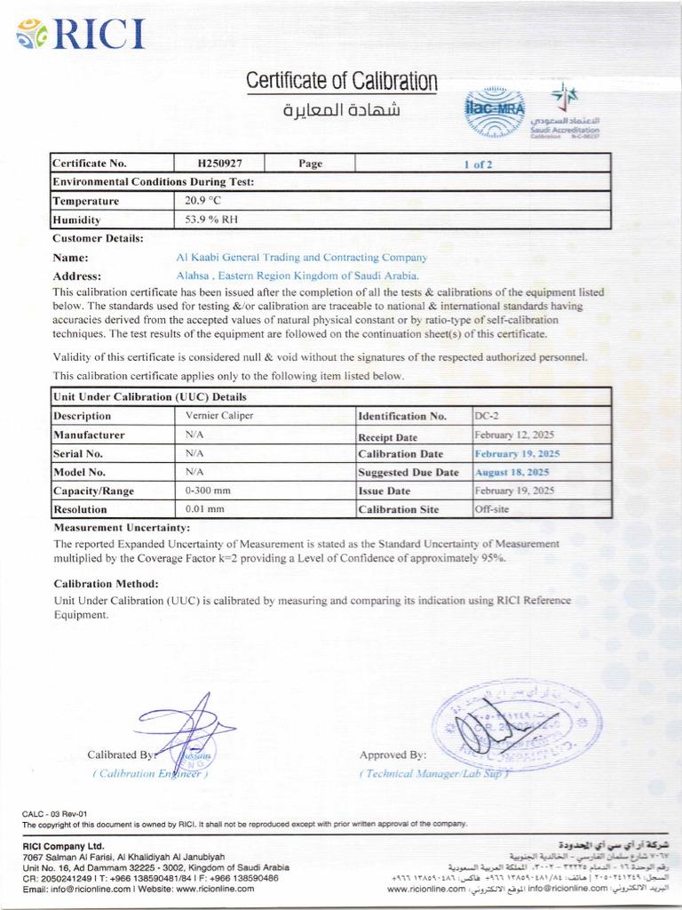 Caliper Calibration Certificate | PDF