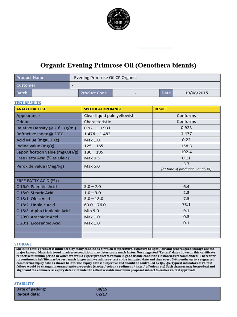 20150917111423e Eve Primrose CofA 210815-14 | PDF | Chemical Substances