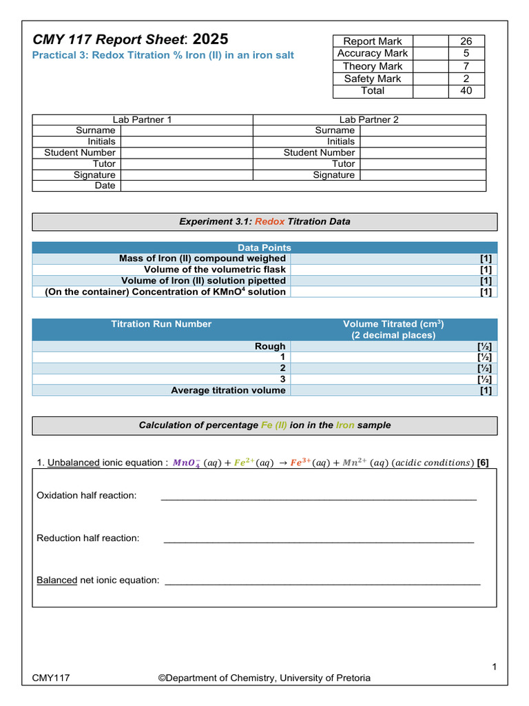 CMY 117 Prac 3 Reprot Sheet Redox | PDF | Titration | Chemistry