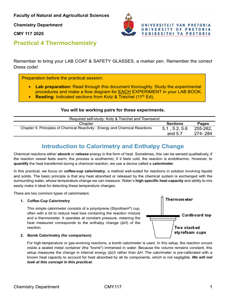 CMY 117 Practical 4 Instruction Sheet | PDF | Heat | Enthalpy