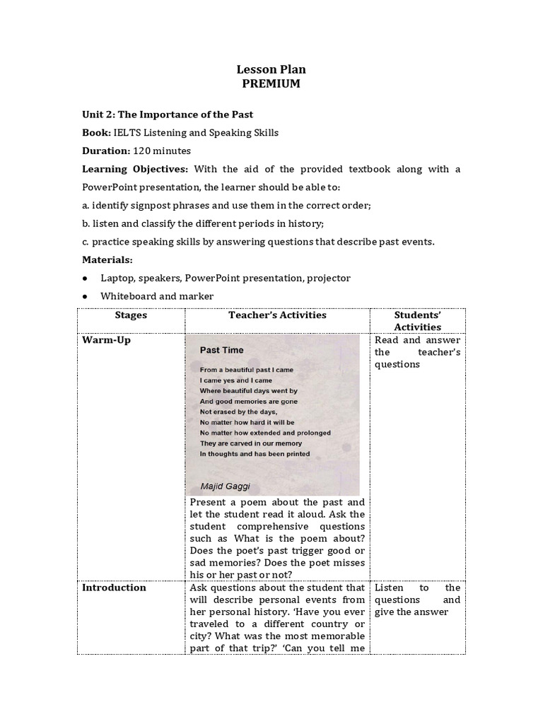 IELTS Lesson Plan: Speaking & Listening Skills | PDF | International ...