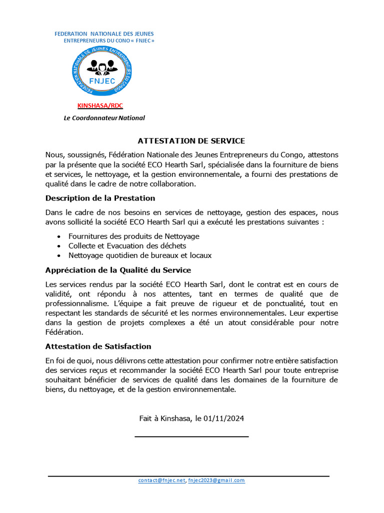 Attestation de service : ECO Hearth Sarl | PDF