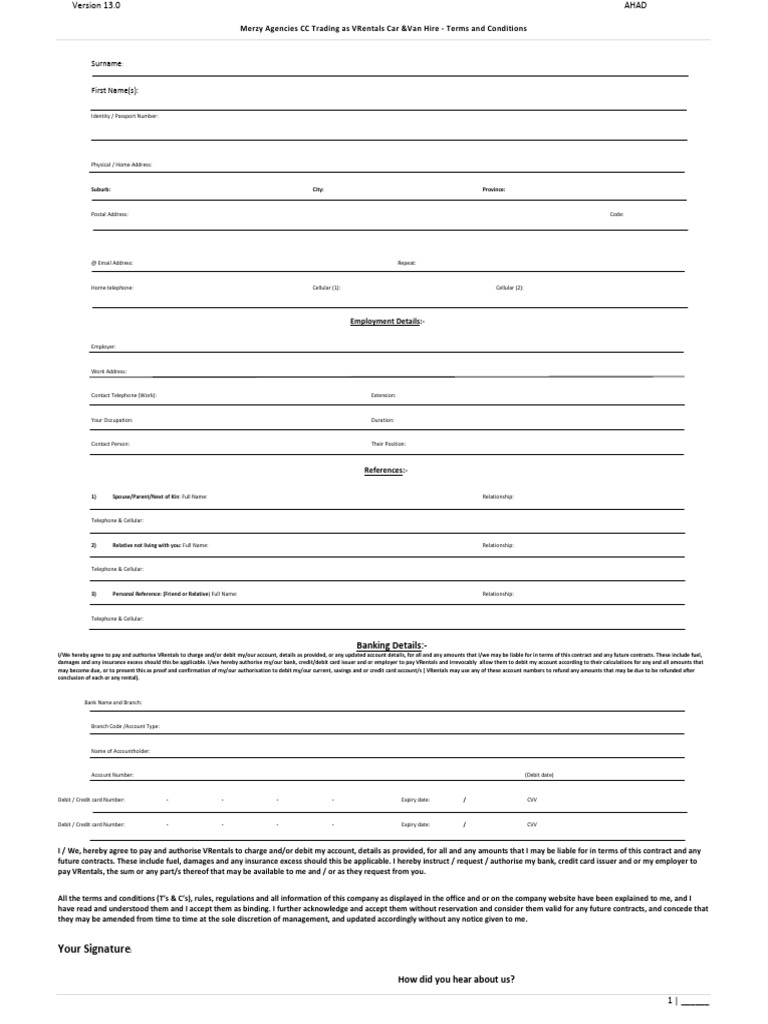 Rental Agreement Form - 1 | PDF | Legal Liability | Credit Card