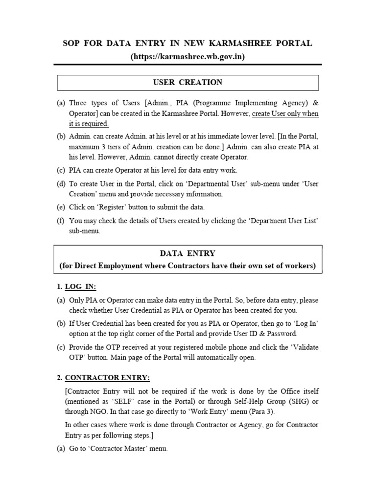 Sop For Data Entry in Karmashree Portal | PDF | Employment | Software