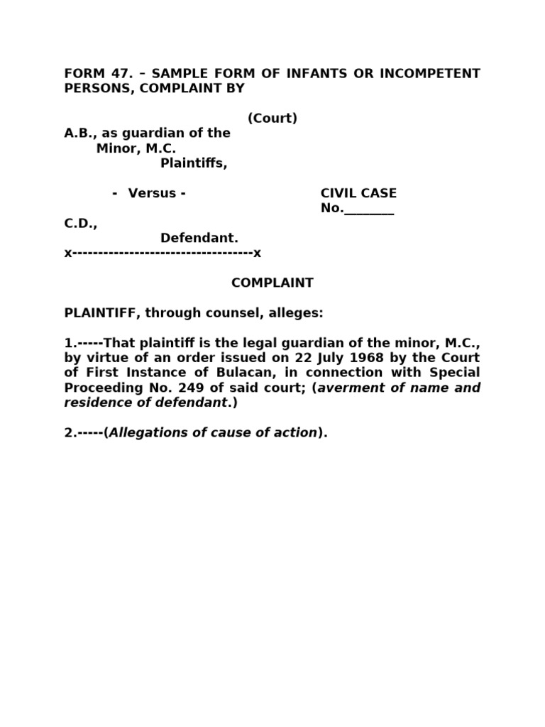 Form 0047 Infants or Incompetent Persons, Complaint by | PDF
