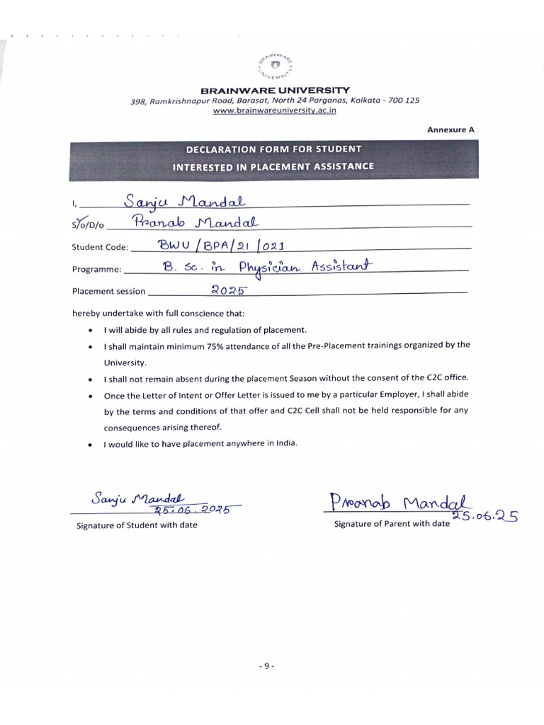 SANJU MANDAL-BWU - BPA - 21 - 021 - Annexure A | PDF