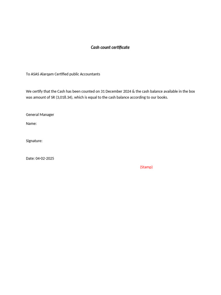 Cash Count Certificate | PDF