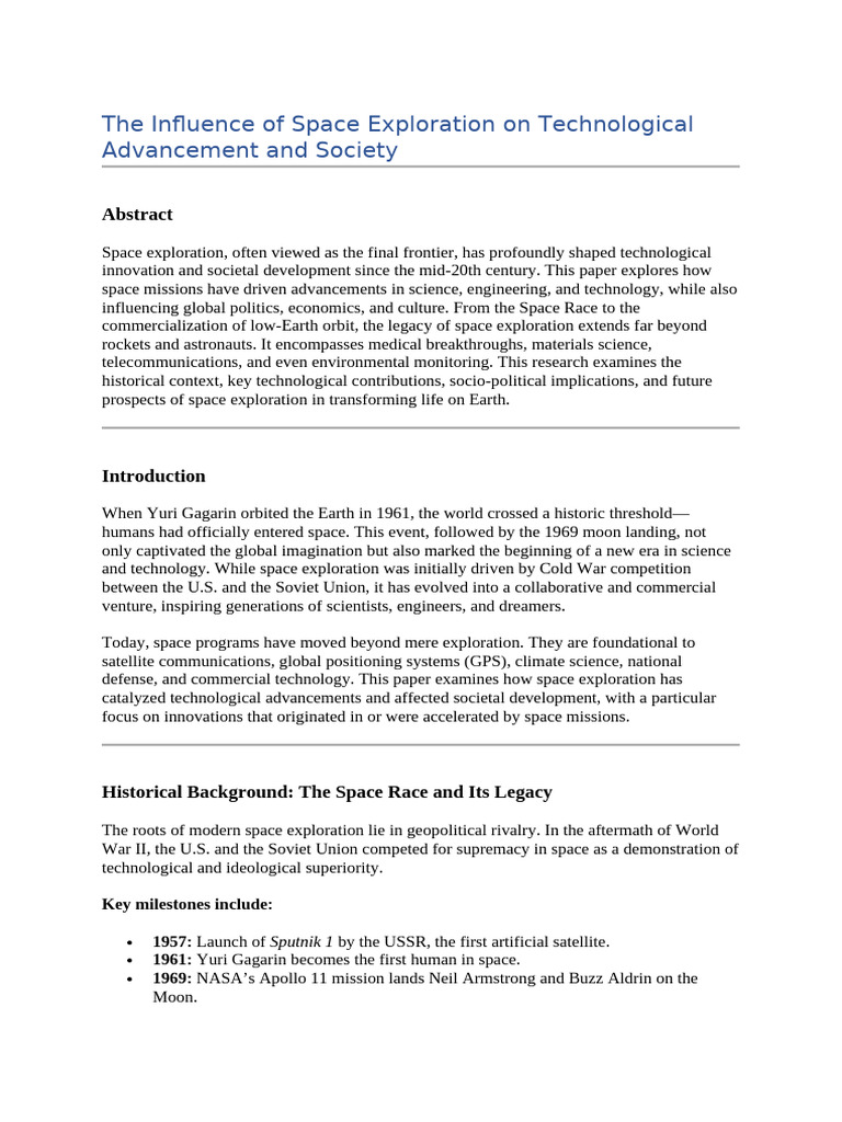 The Influence of Space Exploration On Technological Advancement and ...