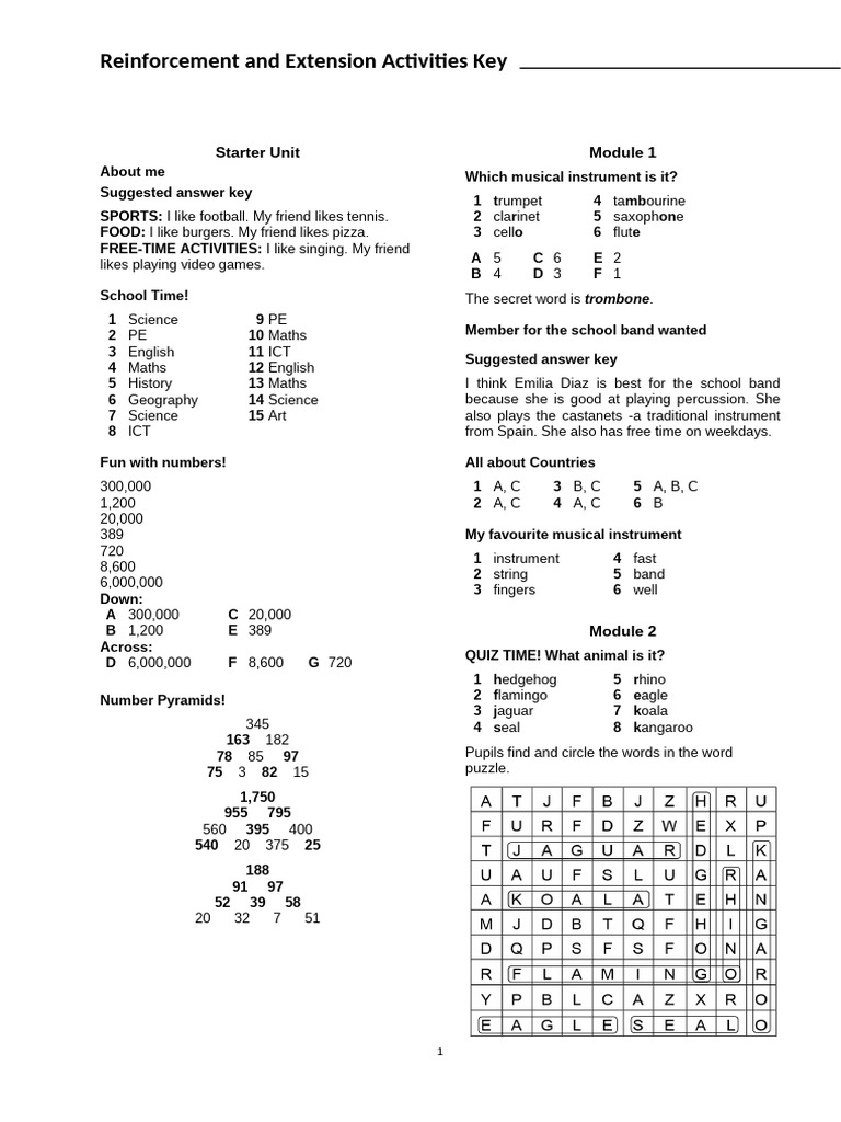 Reinforcement Activities Answer Key | PDF | Musical Instruments