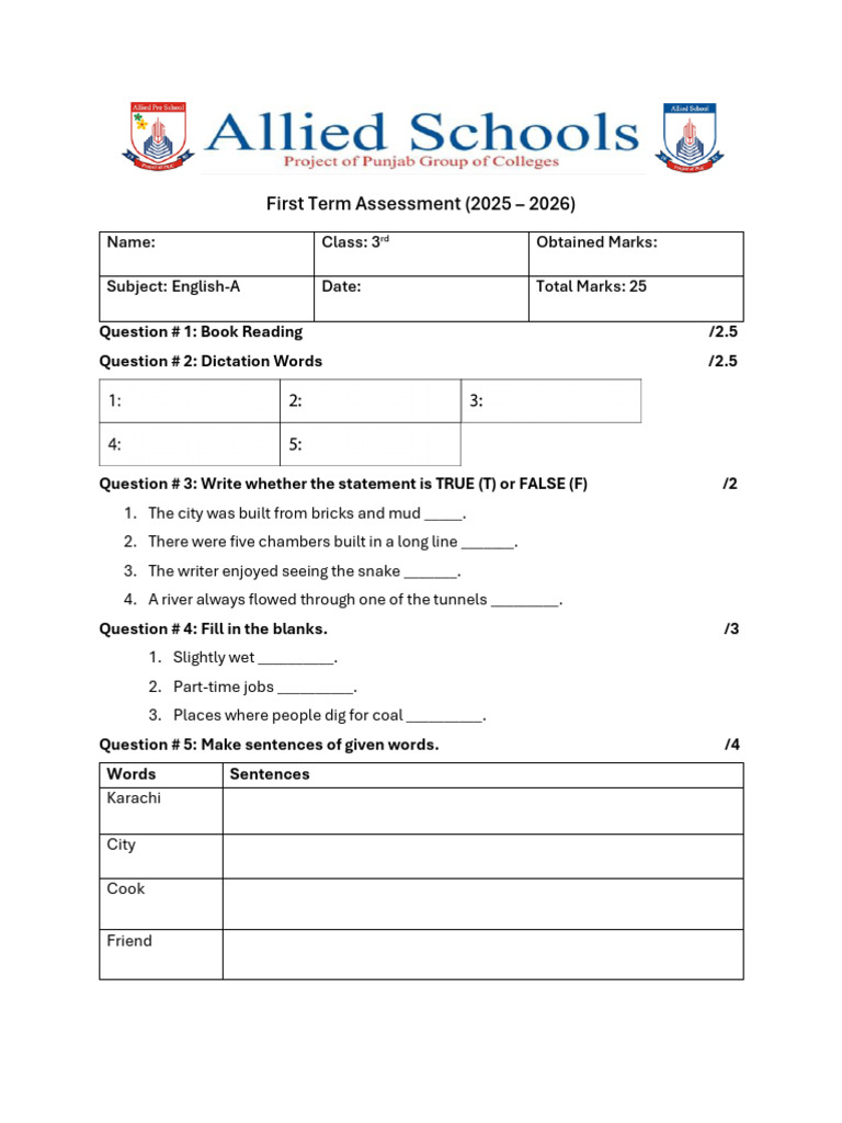 Class 3rd Eng-A Paper | PDF