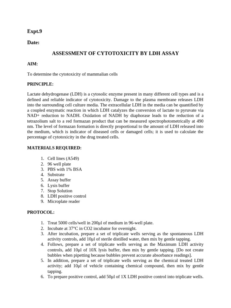 LDH Cytotoxicity Assay Protocol | PDF | Lactate Dehydrogenase ...