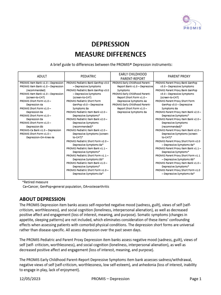 PROMIS Depression Assessment Guide | PDF | Depression (Mood) | Standard ...