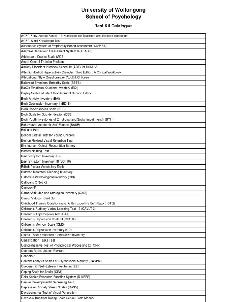 Test Kit Catalogue | PDF | Wechsler Adult Intelligence Scale | Anxiety ...