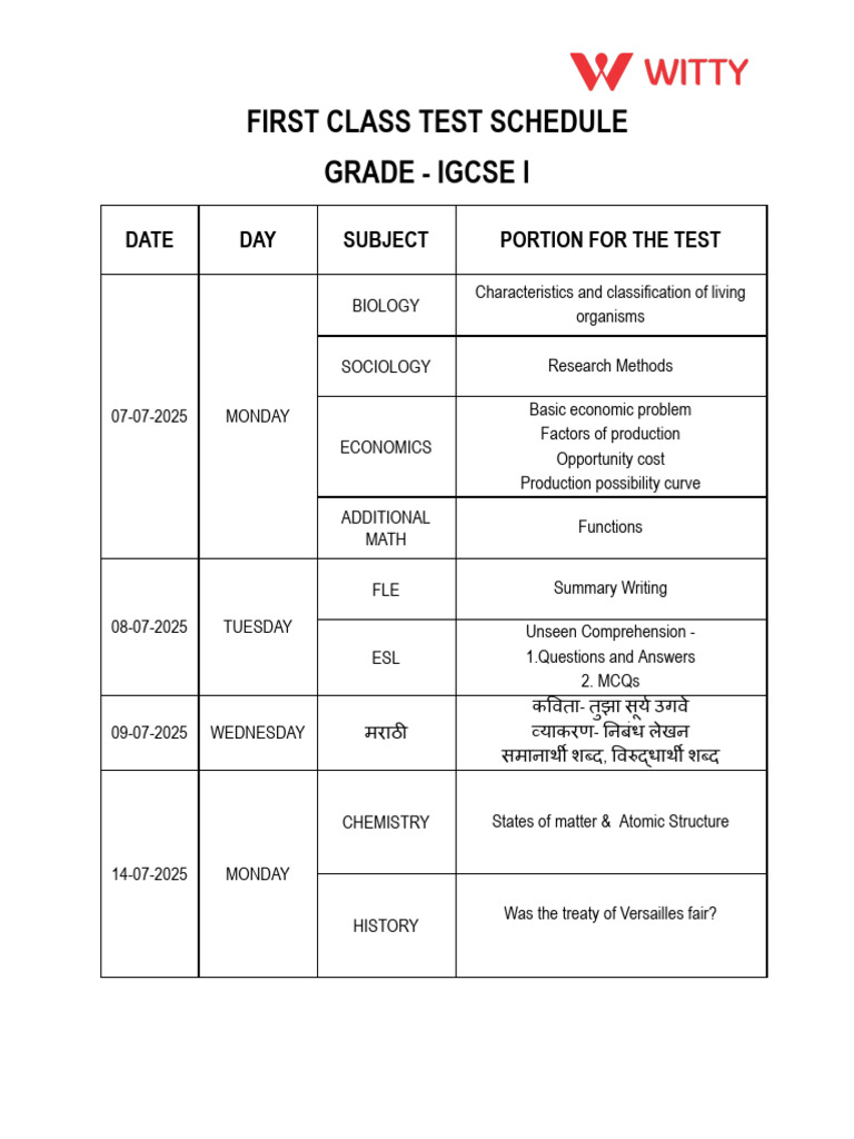Grade 9 CT 1 Schedule July 2025 | PDF