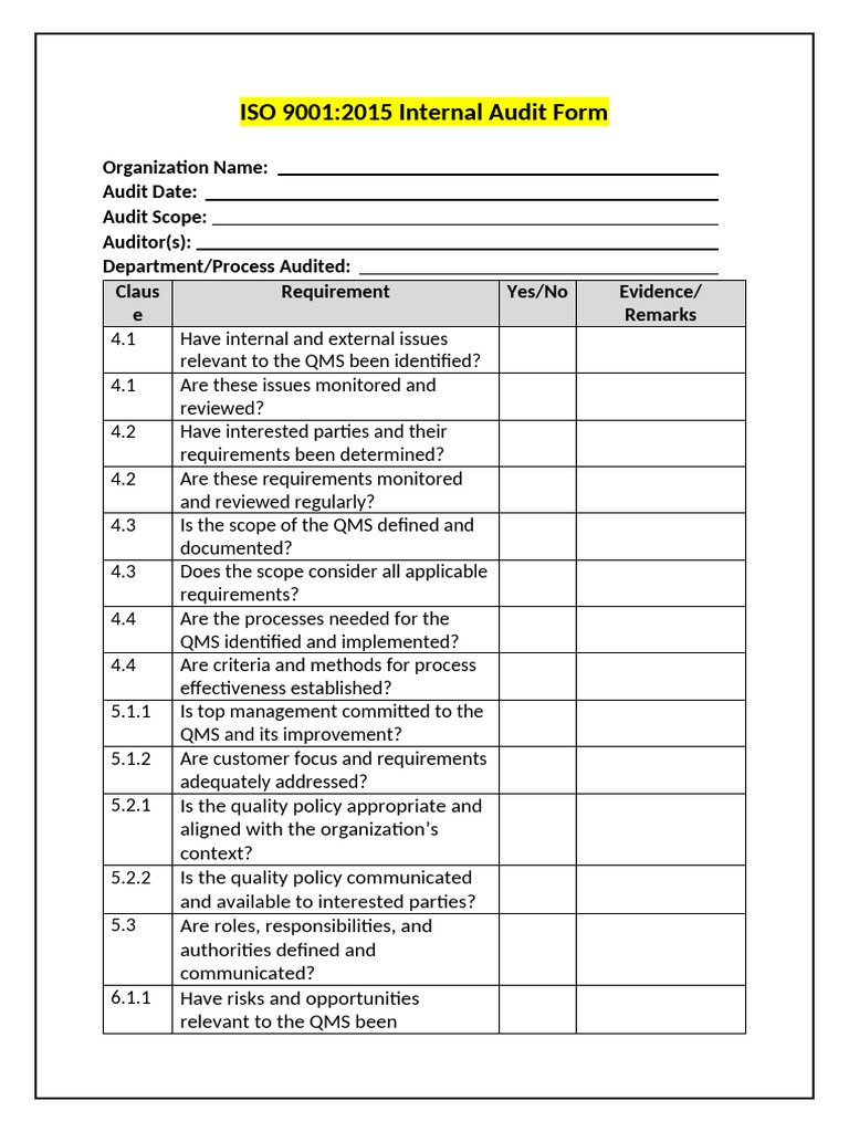 ISO 9001 2015 Internal Audit Form | PDF | Quality Management System | Audit
