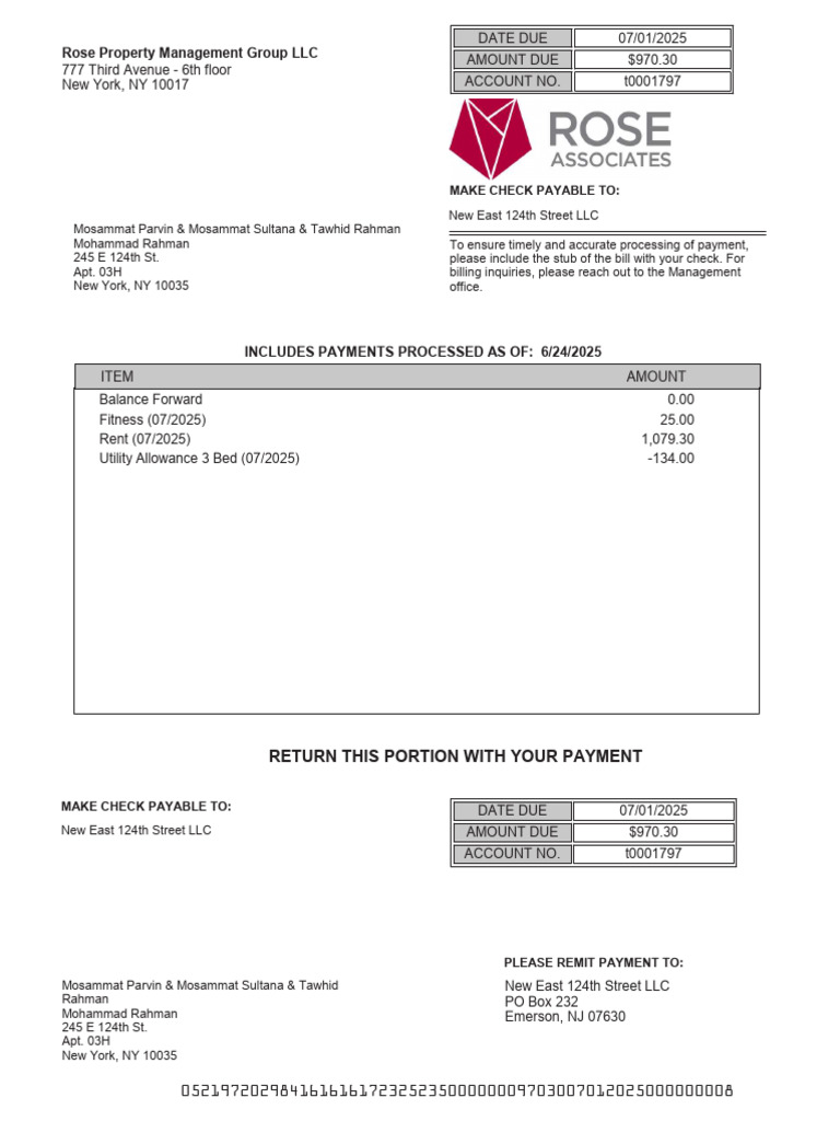 July 2025 Rent Invoice for New York Apt | PDF