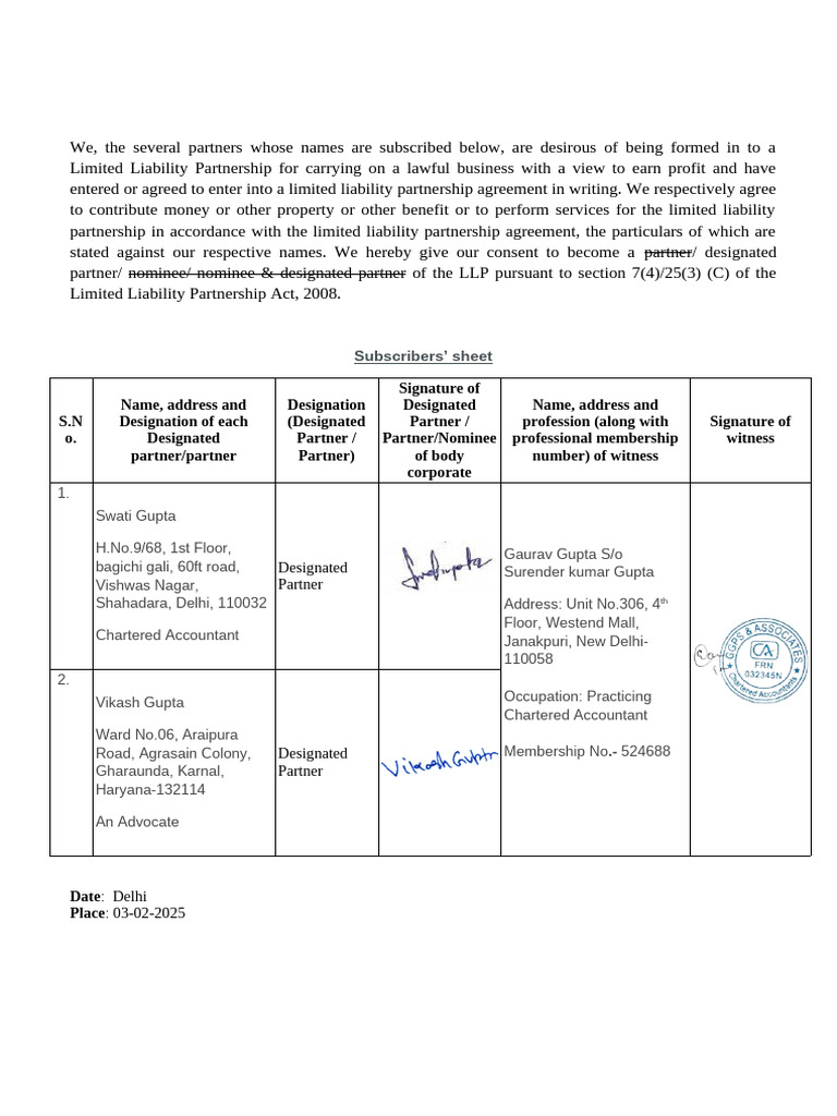 LLP Subscriber Sheet and Consent Form-9 | PDF | Limited Liability ...