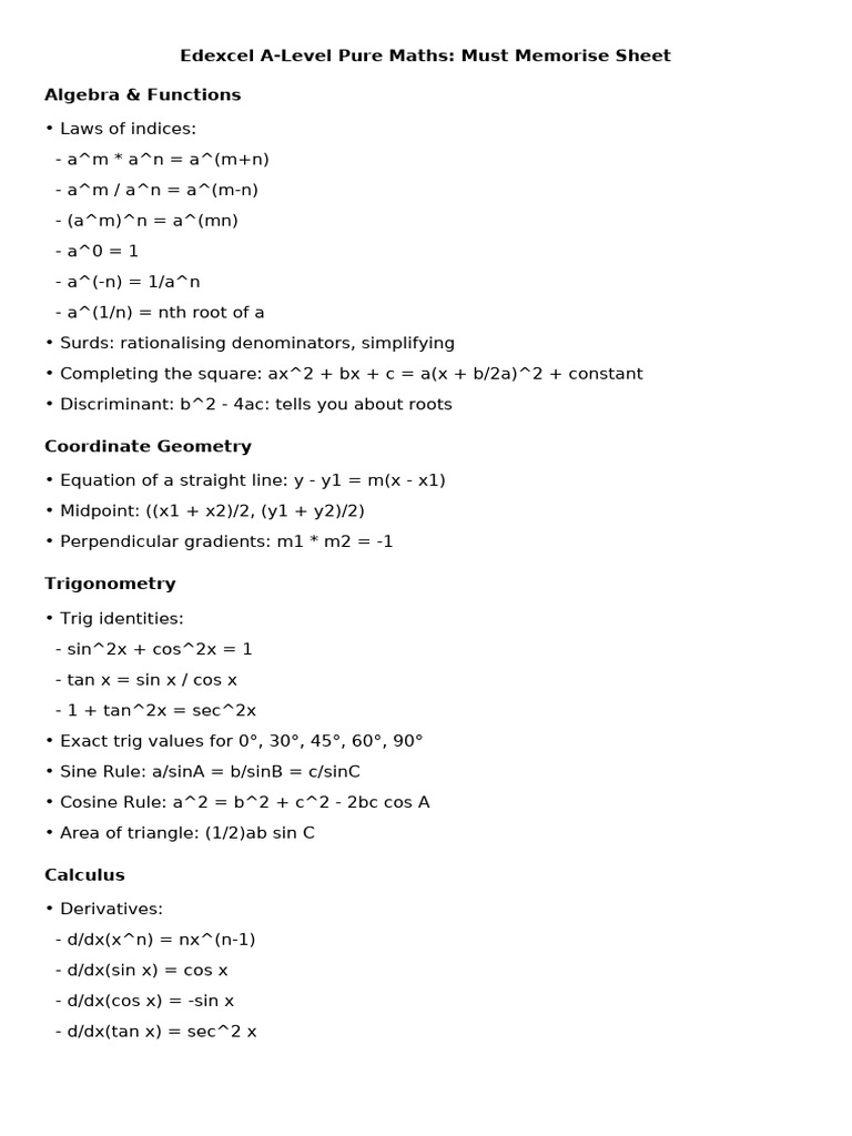 Edexcel A Level Pure Maths Memorise Sheet With Symbols | PDF
