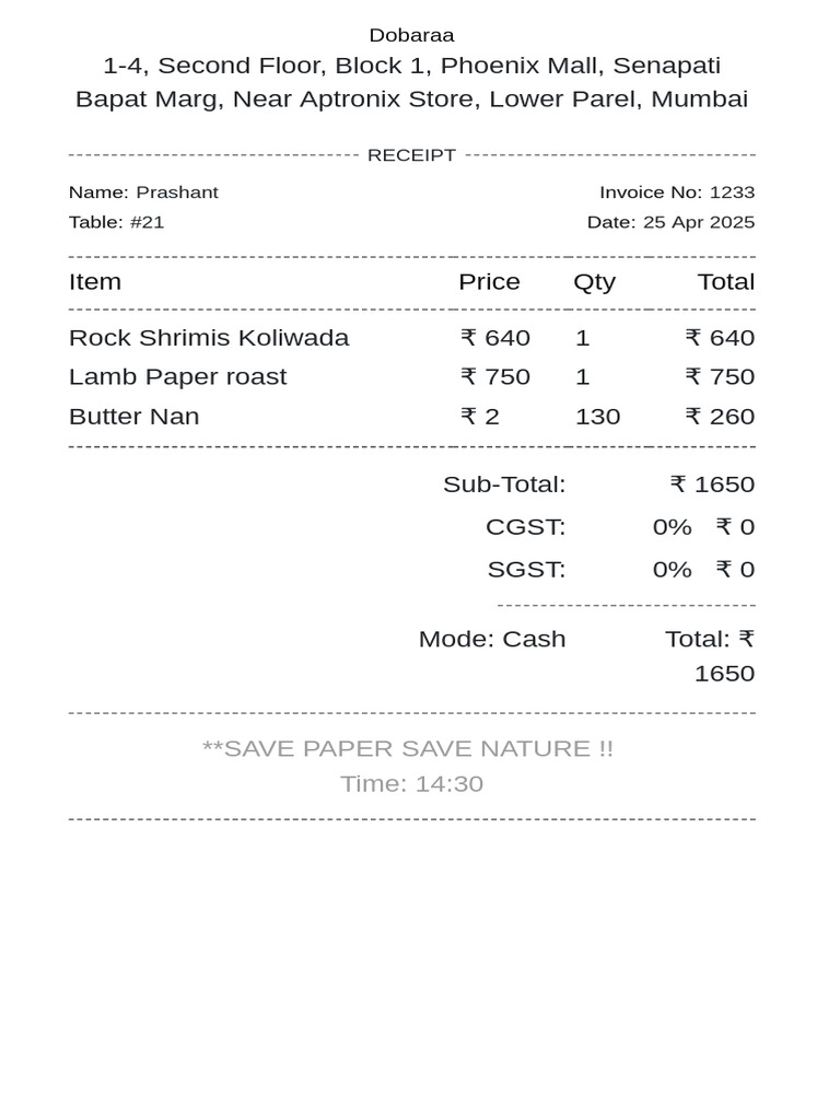 Mumbai Restaurant Bill Receipt | PDF