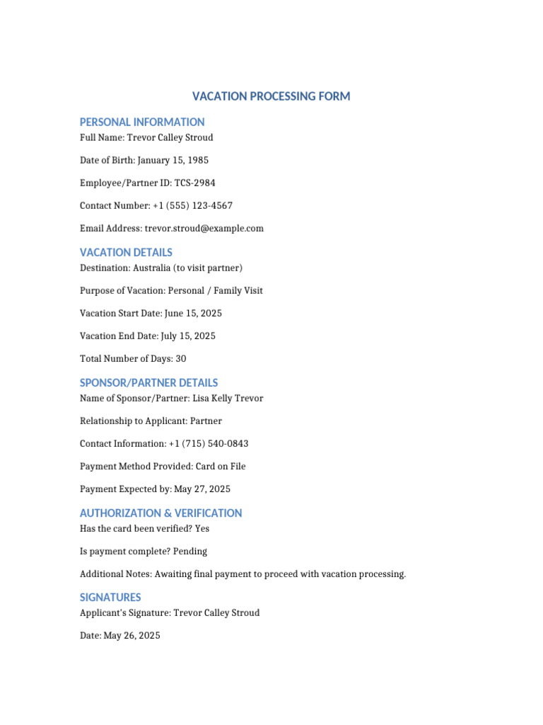 Vacation Processing Form Trevor Calley Stroud | PDF