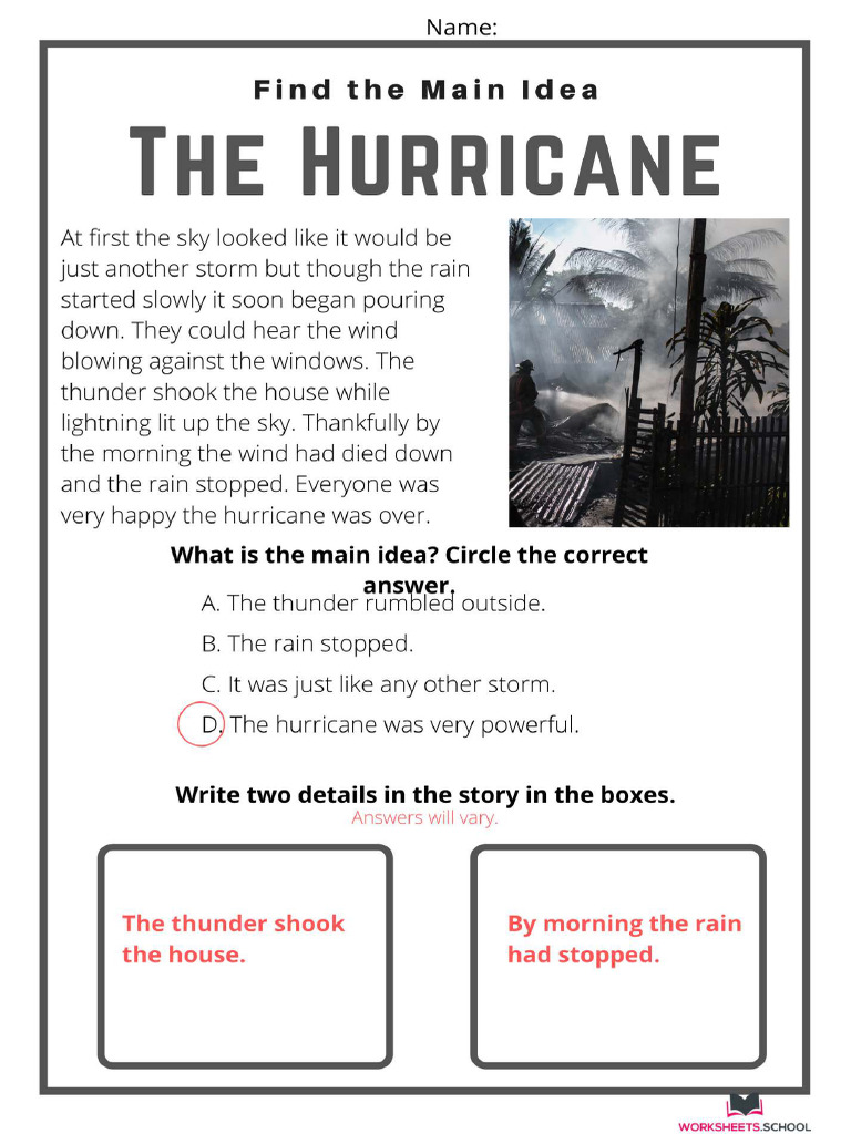 Key. Main Idea Worksheet The Hurricane | PDF
