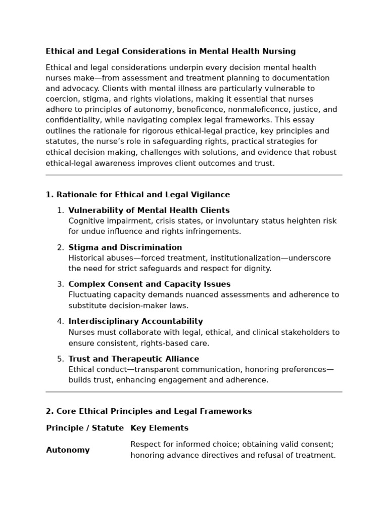 Ethical-Legal Frameworks in Mental Health Nursing | PDF | Mental Health ...